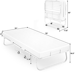 Homieasy Folding Bed with Mattress, Portable Foldable Bed with Storage Cover, Rollaway Bed for Adults with Memory Foam Mattress and Metal Frame, Cot Size Guest Bed on Wheels- White, 75” x 31”