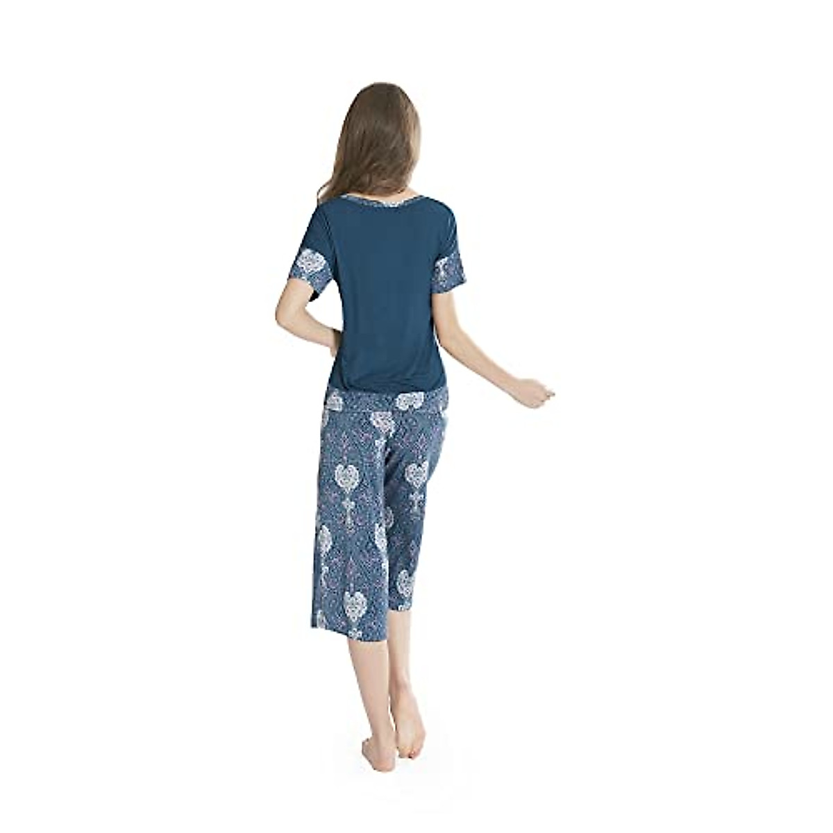 INK+IVY Pajamas for Women - Short Sleeve and Capri Pants PJ Set Loungewear, Casual Soft Breathable Sleepwear, Large, Bohemian Night Navy 2 Piece