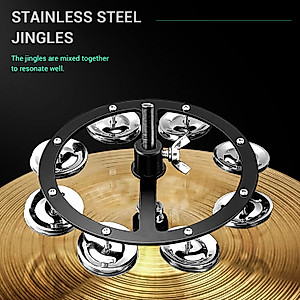 Facmogu 5.5 Inch Mountable Cymbal Hi-hat Tambourine with Single Row 8-pair Stainless Steel Jingles 37cm/1.5in, Drum Set Tambourine with Wing Nut Mount & Durable Alloy Construction for Hihats - Black