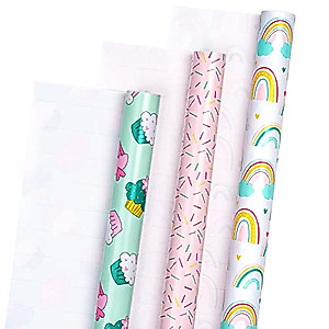 LeZakaa Mini Wrapping Paper Roll - Mini Roll - Cupcake/Rainbow/Colorful Stripe for Birthday - 17 x 120 inches - 3 Rolls (43.77 sq.ft.ttl.)