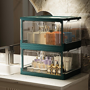 PRANDOM Stackable Clear Storage Bins with Lids,70 Qt Plastic Collapsible Organizer Containers Boxes with Doors for Organizing Closet Bathroom Bedroom Green 15x11.2x8.7 x 3-Pack