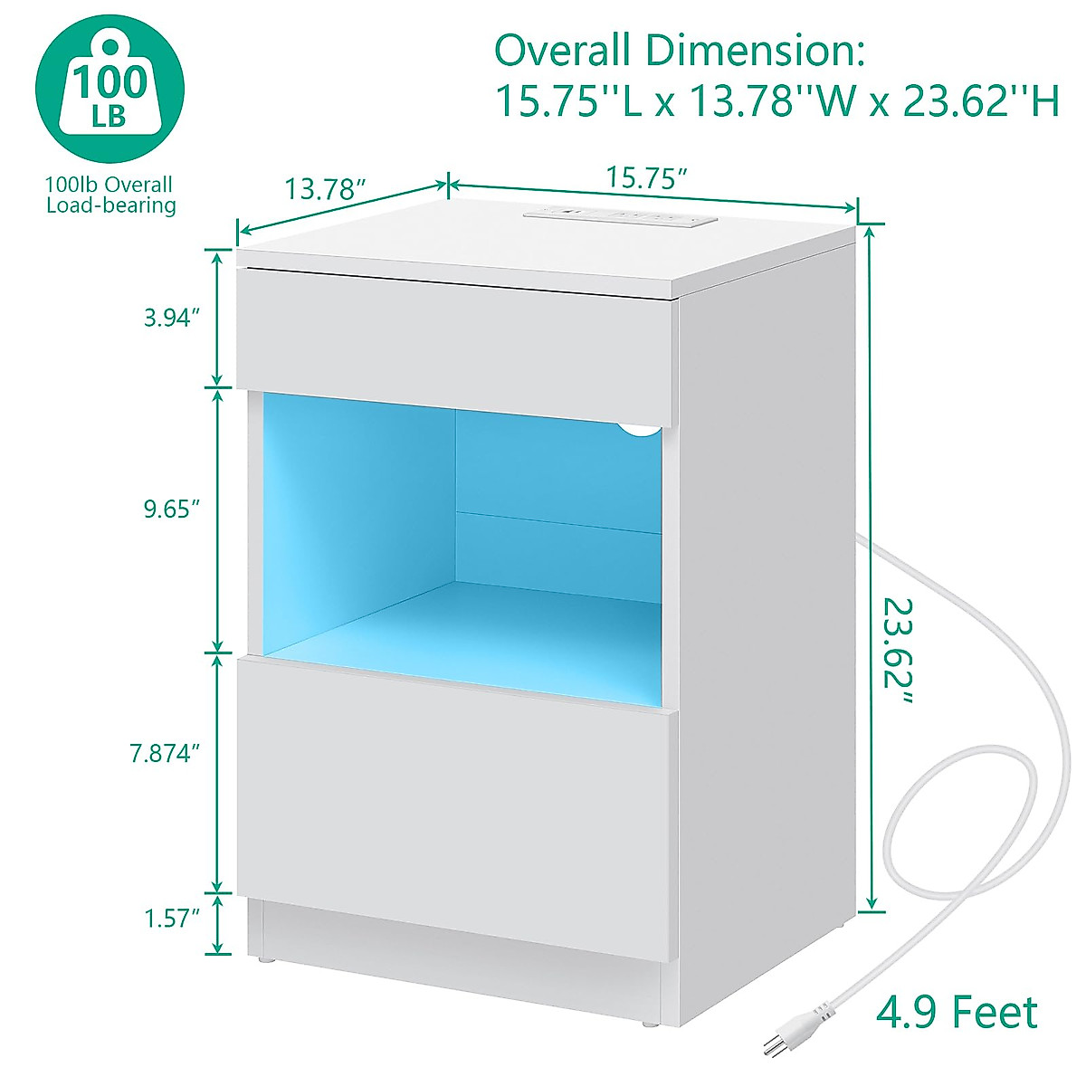 HOMMPA Set of 2 Open Shelf LED Nightstands with Charging Station 2 Drawers Bedside Tables White Night Stands with Storage Smart Nightstands High Gloss Night Table with Led Light for Bedroom Furniture
