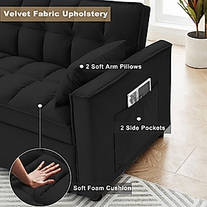 Suheww Black Pull Out Sofa Bed, 3 in 1 Convertible Small Couch for Bedroom,2 Seater Sofa Cama with Adjustable Backrest Velvet Futon Chaise Lounge for Small Spaces Living Room Office