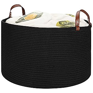 Cotton Rope Basket XXL Blanket Basket for Blankets Large Woven Storage Basket Round Rope Basket Black Toy Basket Woven Laundry Basket with Real Leather Handle, 20''X20''X13''