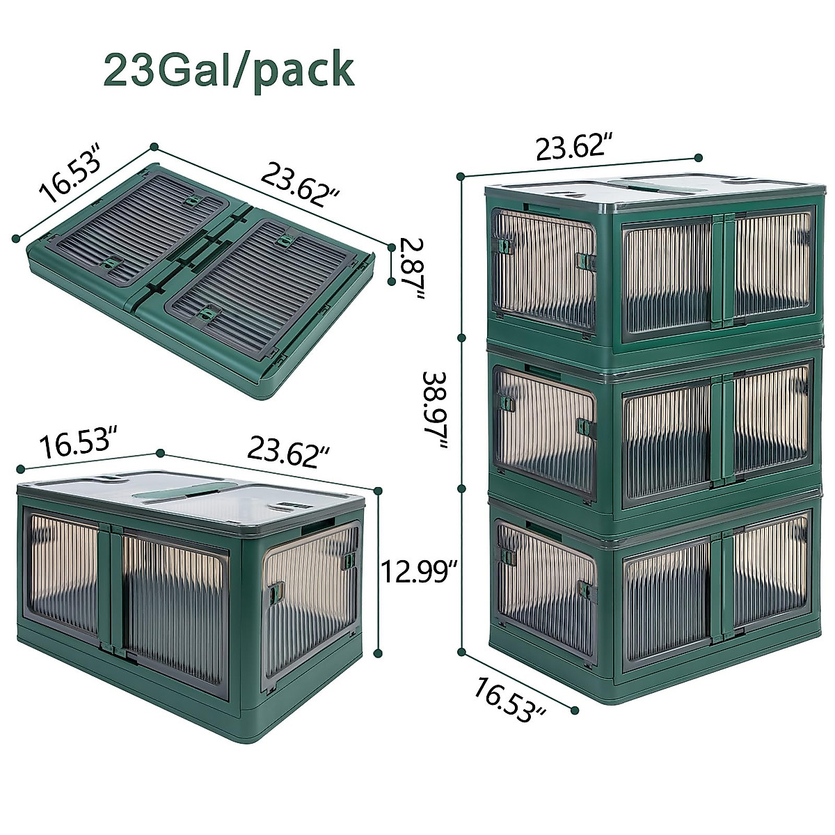 NOCCUR 3 Pack Stackable Storage Bins with Lids - 23Gal Green Plastic Storage Bins - Folding Storage Box - Foldable Plastic Storage Container with Lids and Doors - for Book Storage,Study Room