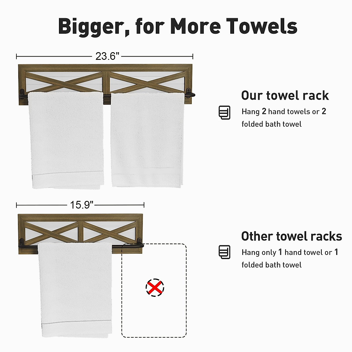 Extra Long Rustic Towel Rack 2 PCS, 23.6 Inch Monterey Pine Solid Wood Towel Holders Wall Mounted with Metal Bar, Brown Farmhouse Style, for Hand & Bath Towels, Bathroom Powder Room Decor