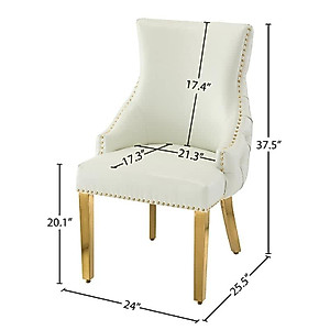 Meridian Furniture 730White-C Collection Modern | Contemporary Faux Leather Upholstered Dining Chair with Tufted Back and Gold Sturdy Stainless Steel Legs, Set of 2, 24" W x 25.5" D x 37.5" H, White