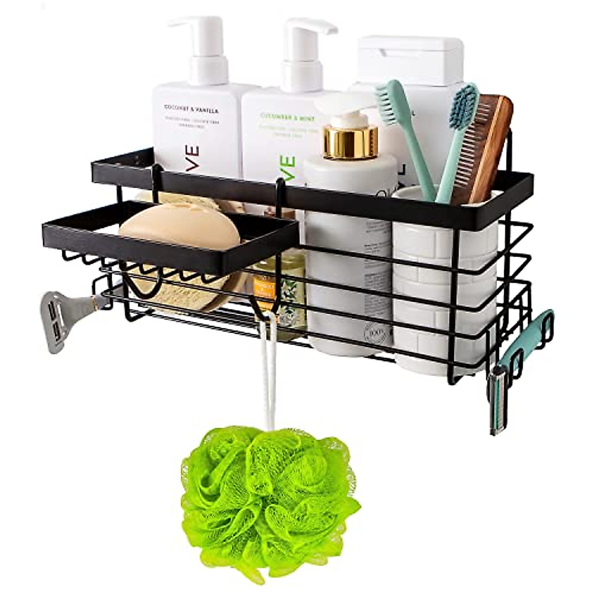 Shower Wall Caddy with Removable Soap Holder – Rustproof Black Metal Hanging Bathroom Shower Organizer Rack – 6 Sturdy Hooks for Storage – Adhesive Mounts & Mini Bubble Level for Easy Install