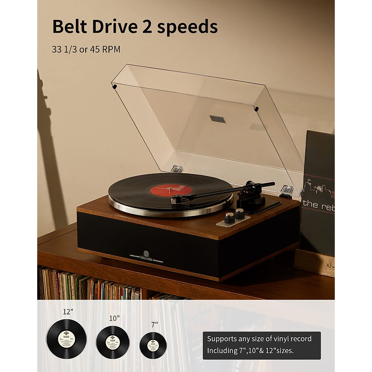 ANGELS HORN Vinyl Record Player, Bluetooth Turntable with Built in Speakers Phono Preamp, High Fidelity Turntables for Vinyl Records with Magnetic Cartridge AT-3600L, Belt Drive 2-Speed