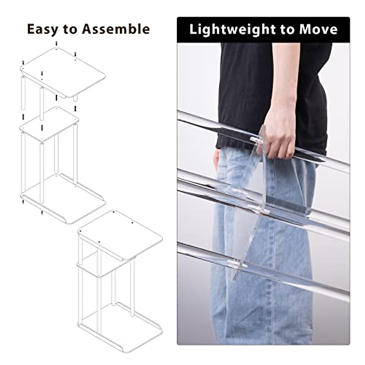 HMYHUM Clear Acrylic Side Table, C Shaped End Table for Sofa, Small Snack Tables for Living Room, Bedroom, Bathroom, 3 Tiers