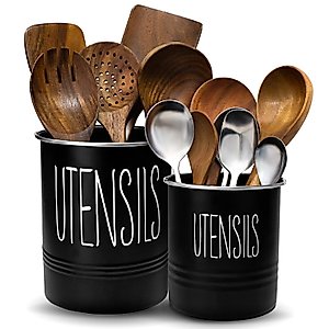 CHEODIN 2 Pack Kitchen Utensil Holders, 6.7"+ 4.7" Utensil Hodler for Countertop, Cooking Utensil Crock with Cork Bottom, Modern Farmhous Kitchen Decor, Black