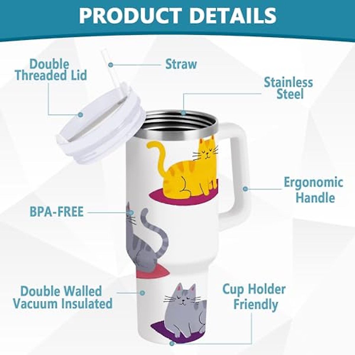Nexawaveo Cats Do Different Yoga Poses Tumbler with Handle and Straw 30-40 oz Lid Cup Holder Compatible for Travel Insulated Stainless Steel Cup Food Grade PP Gifts for Him Her BPA-free
