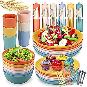 KAMJUNTAR Wheat Straw Dinnerware Sets For 6(72pcs), Unbreakable Microwave Safe Reusable Wheat Straw Plates and Bowls Sets Eco Friendly,Dishwasher Safe,Wheat Straw Plates,Wheat Straw Bowls