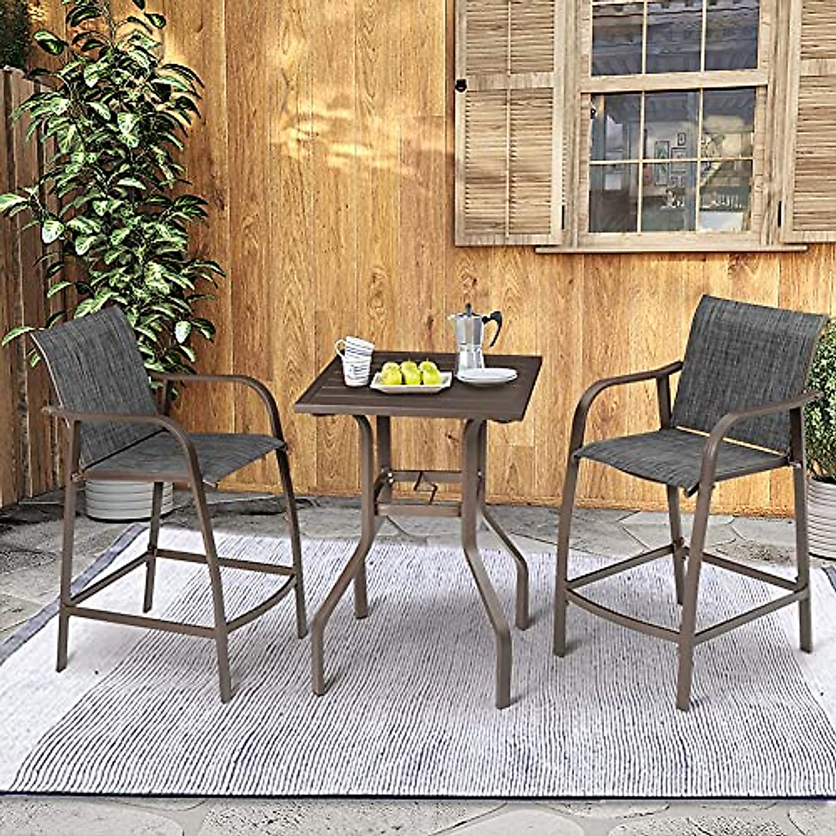 Crestlive Products Patio Bar Set, Aluminum Counter Height Bar Stools and Table Set All Weather Furniture in Antique Brown Finish for Outdoor Indoor, 2 PCS Bar Chairs with 1PC Table (Dark Gray)
