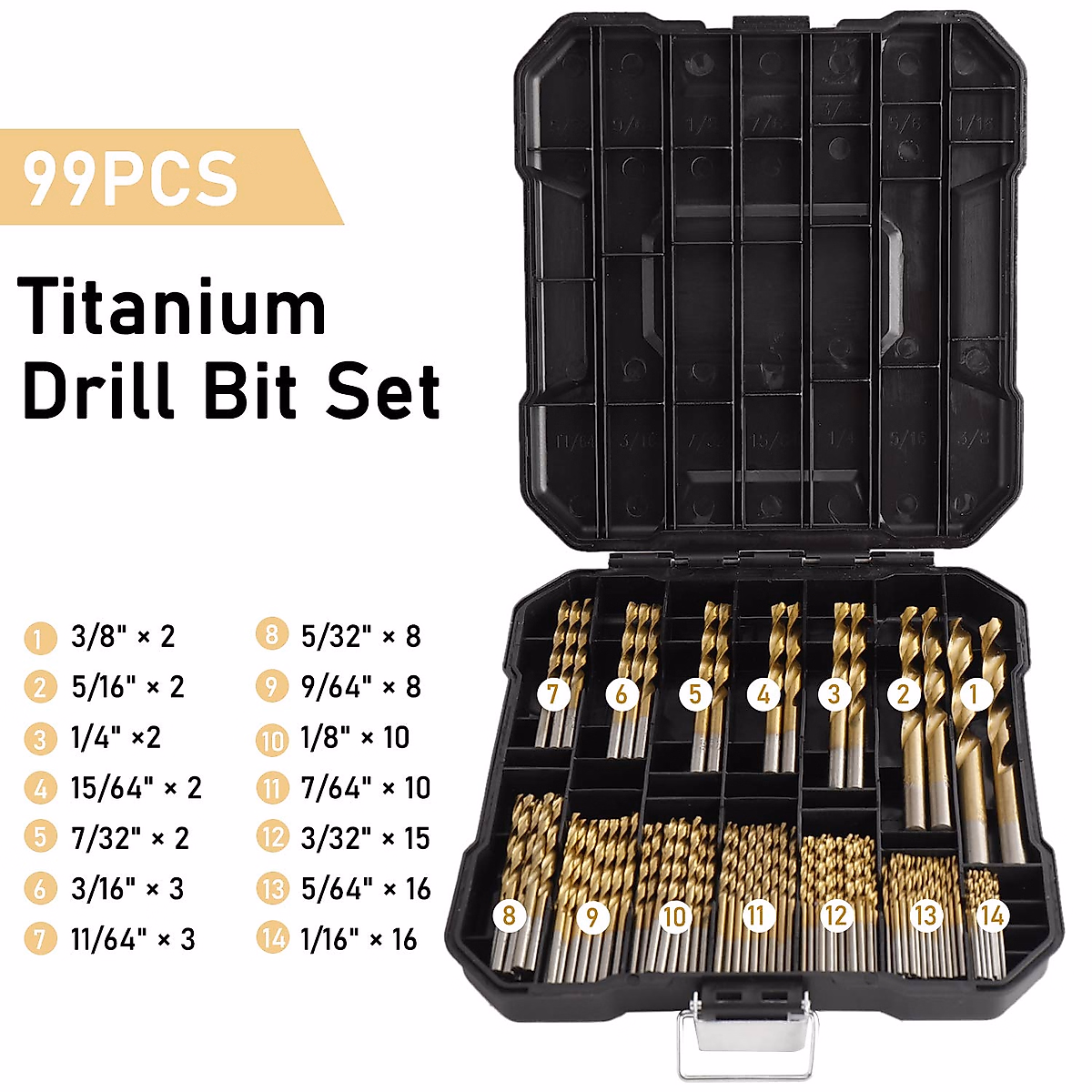 Yaegoo Titanium Twist Drill Bit Set High Speed Steel for Steel, Wood, Plastic, Metal, Copper, Aluminum Alloy with Storage Case (99 PCS)