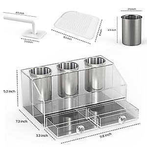 FINECLICK Hair Tool Organizer, Acrylic Wall Mount Blow Dryer and Hair Styling Holder with Storage,Bathroom Countertop Hair Dryer Holder,Vanity Caddy for Toiletries,Accessory Makeup (Two Drawer, Clear)