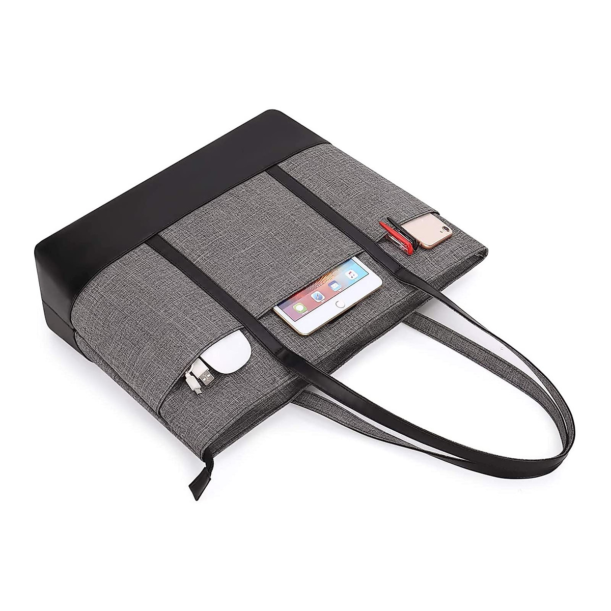 MOSISO Laptop Tote Bag for Women (17-17.3 inch), Polyester PU Leather Lightweight Business Travel School Bag with Front 3 Pockets