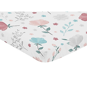 Sweet Jojo Designs Floral Rose Flowers Girl Fitted Mini Crib Sheet Baby Nursery for Portable Crib or Pack and Play - Blush Pink Teal Turquoise Aqua Blue Grey Pop Flower Boho Shabby Chic Modern Roses