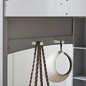 Karl home Loft Bed Twin Size, Wood Bed Frame with Safety Guardrails and Inclined Ladders, Bunk Bed with Desk and Shelves, Grey