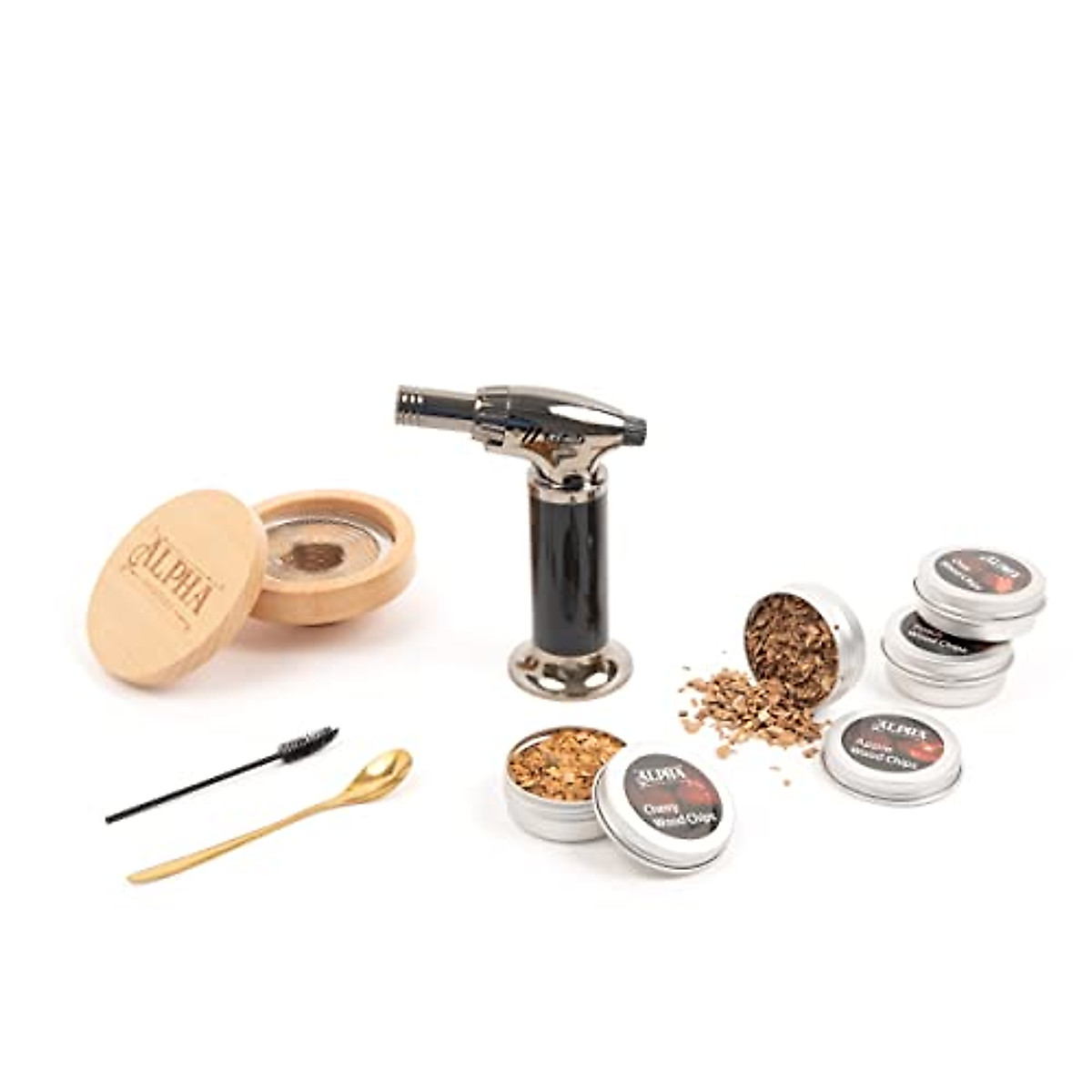 Alpha Cocktails - Cocktail Smoker Kit with Torch - Great for Smoking Whiskey and Bourbon Drinks - 4 Flavors of Smoking Wood Chips with Butane Torch - Homemade Smoked Cocktails - [butane not included]