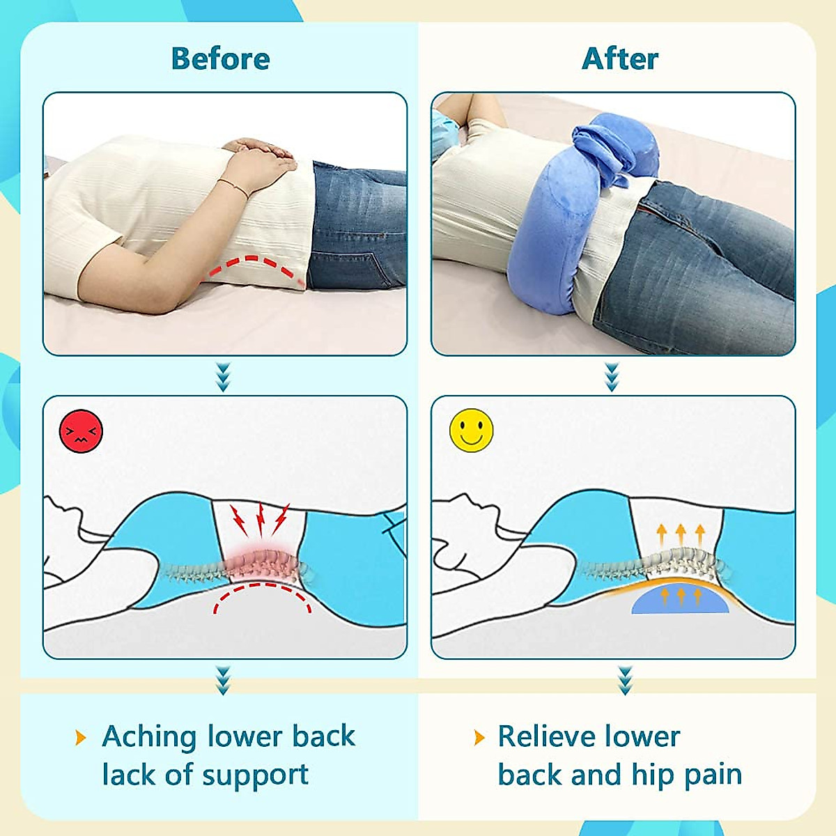 KAVIL Lumbar Roll Pillow for Sciatica Nerve Pain Sleeping Lower Back Support Scoliosis Waist Pillow for Side Sleepers in Bed & Office Chair Adjustable Straps Lumbar Foam Positioning Pillow (L Size)