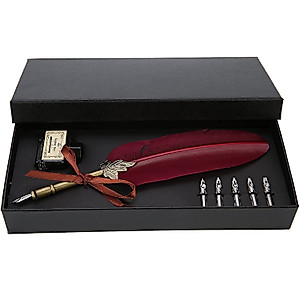OPENDGO Vintage Feather Quill Pen and Ink Set Feather Dip Pen Calligraphy Pen Set Writing Quill Ink Dip Pen with Ink and 5 Nibs for Writing Drawing,Birthday Wedding Gift Set