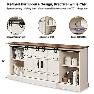 OKD Fireplace TV Stand for 75 80 Inch TV, Farmhouse Entertainment Center with Sliding Barn Doors, Rustic Media Console Table with Storage Cabinets for Living Room, Antique White