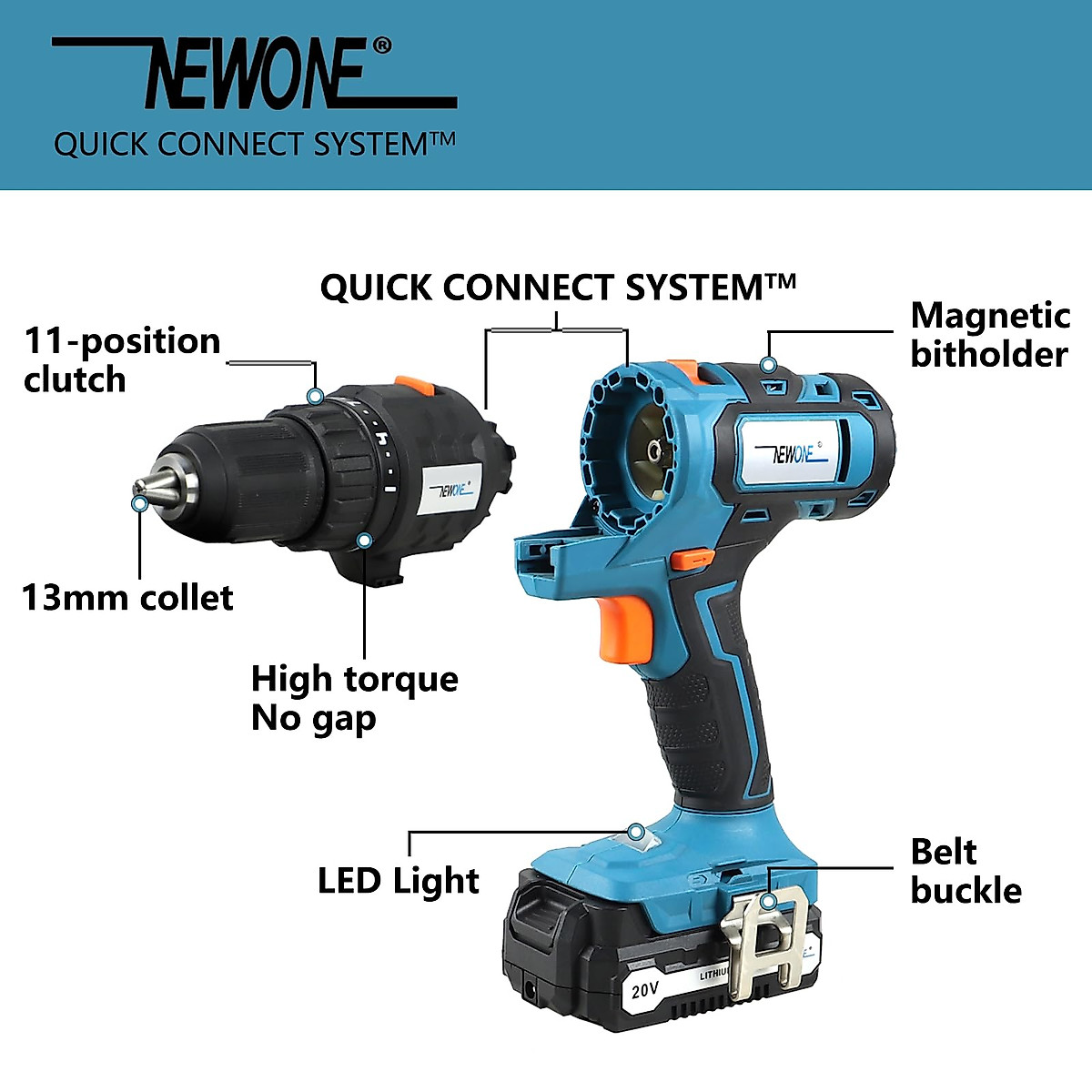 NEWONE 20V Cordless Drill Combo Kit,4-Tool Max Power Tool Combo Kit with Case,4 Attachment,Drill,Reciprocating saw, Oscillating tool, Sander with Accessories,2.0Ah Lithium-Ion Battery and Charger