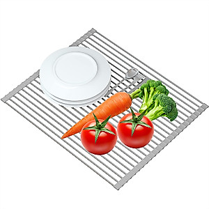 EMBATHER 20.8'' x 18.1'' Roll Up Dish Drying Rack Over The Sink, Dish Drying Rack for Kitchen Counter, Multipurpose Stainless Steel Foldable Kitchen Drainer Rack with Anti-Slip Silicone, Gray