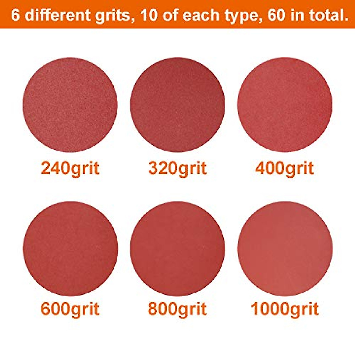 60Pcs Sanding Discs 5 Inch 8 Holes, 1000/800/600/400/320/240 Grit Sandpaper for Random Orbital Sander