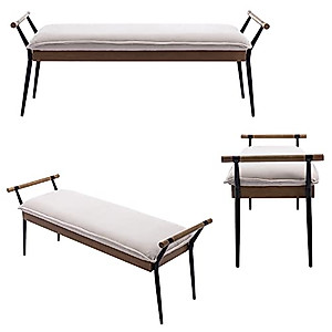 DUOMAY Modern Rectangle Ottoman Bench with Arms and Metal Legs, Mid Century Chenille Fabric Dining Table Bench Footstool Entryway Shoe Bench for Dining Room Bedroom Living Room, White