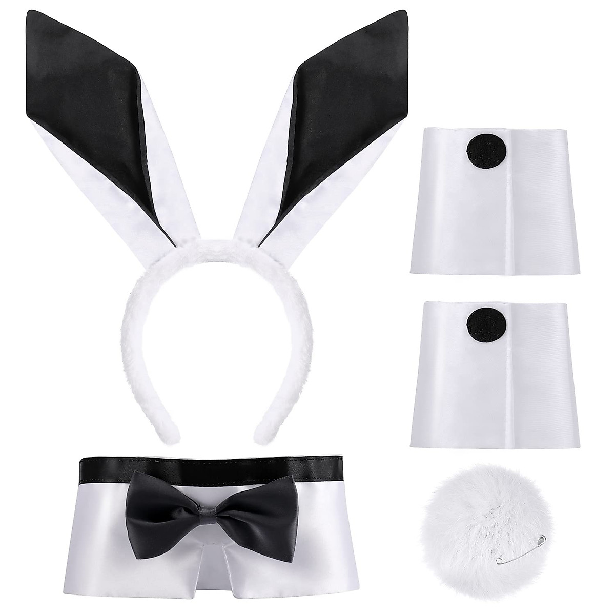 AUUABEARONN 5 Pcs Bunny Costume Set, Rabbit Ear Headband Bow Tie Cuffs Rabbit Tail for Halloween Costume Cosplay Party White