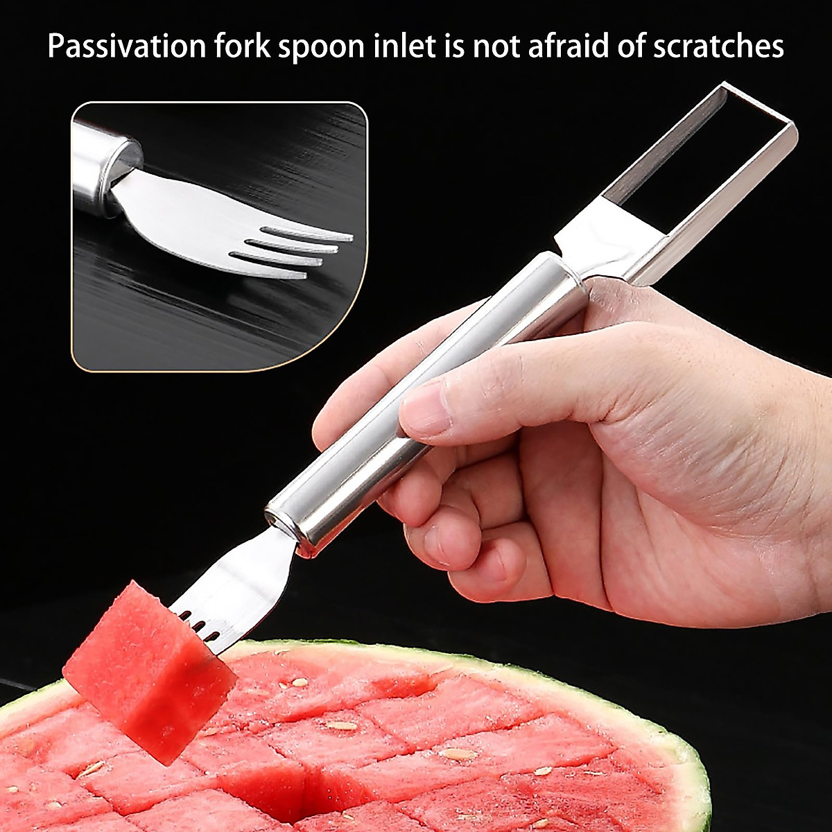 2024 Upgraded 2-in-1 Stainless Steel Fruit Cutter: Dual-Functional Fork & Knife with Ergonomic Round Handle for Fruits & Watermelon - Ideal Summer Kitchen Gadget for Home Use (B 1Pcs)