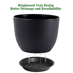 UOUZ 12inch Large Plant Pot, Modern Plastic Planter with High Driange Holes and Saucer for Indoor Outdoor Garden Plants and Flowers, Black