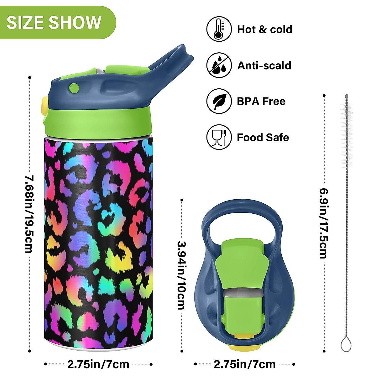 ALAZA Rainbow Leopard Print Cheetah Colorful Kids Water Bottles with Lids Straw Insulated Stainless Steel Water Bottles Double Walled Leakproof Tumbler Travel Cup for Girls Boys Toddlers 12 oz / 350 m