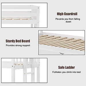 Giantex Twin Over Pull-Out Bunk Bed with Trundle, Extendable Twin/Full/Queen/King Bunk Bed, Solid Wood Bunk Bed with Ladder and Safety Rail, Wooden Bunk Beds for Kids Adults Teens, White