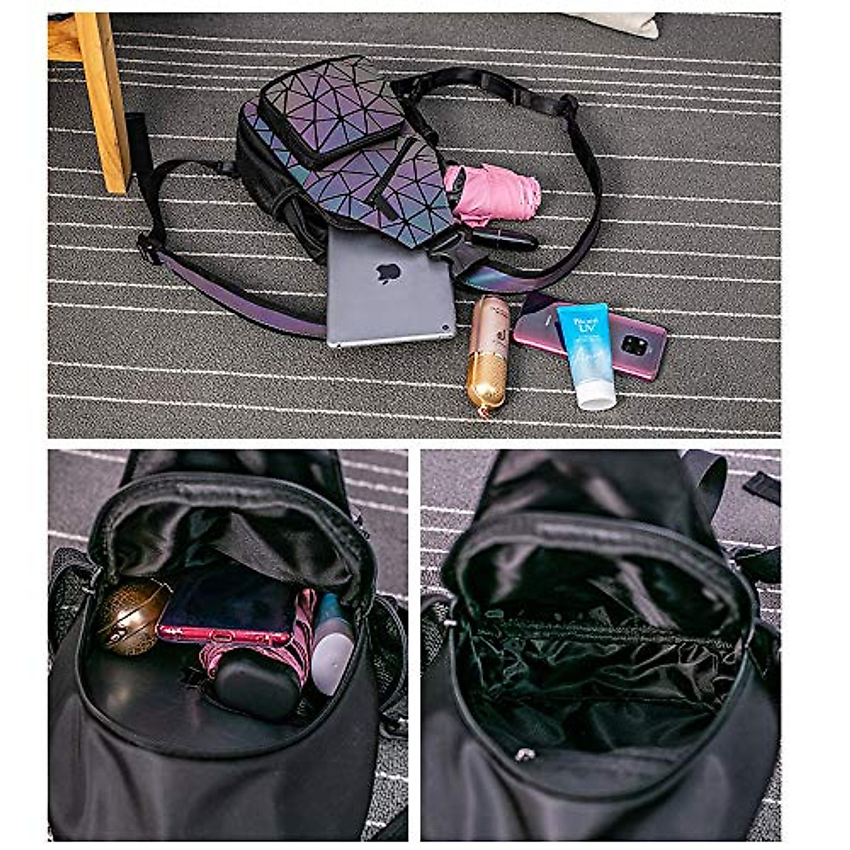 Geometric Luminous Purses and Handbags For Women Holographic Reflective Crossbody Bags Wallet Purse (Luminous Backpack B)