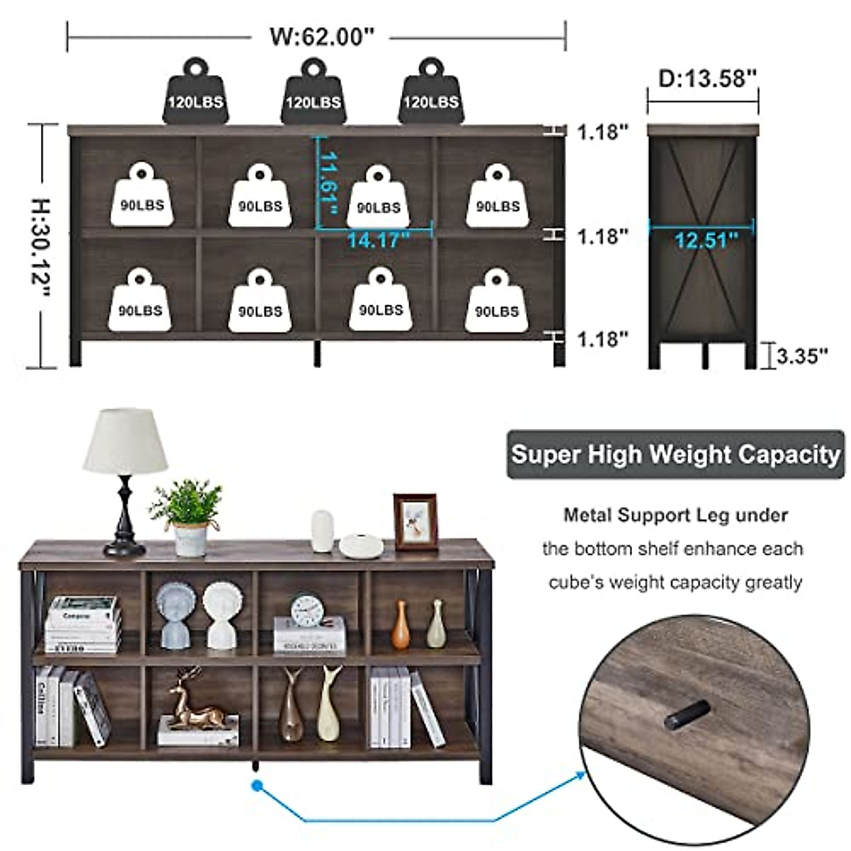 FATORRI 8 Cube Storage Organizer Bookshelf, Rustic Wood Cubby Bookcase, Industrial Horizontal Long Shelf for Living Room (Walnut Brown, 62 Inch)