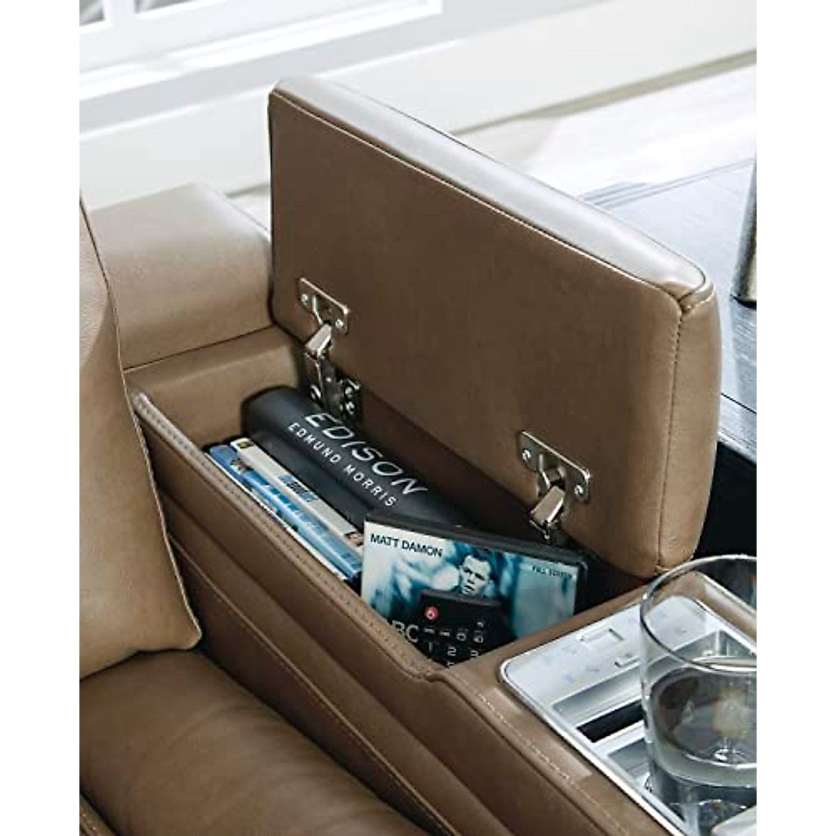 Signature Design by Ashley Strikefirst Contemporary Tufted Leather Power Reclining Loveseat with Console and Adjustable Headrest, Light Brown