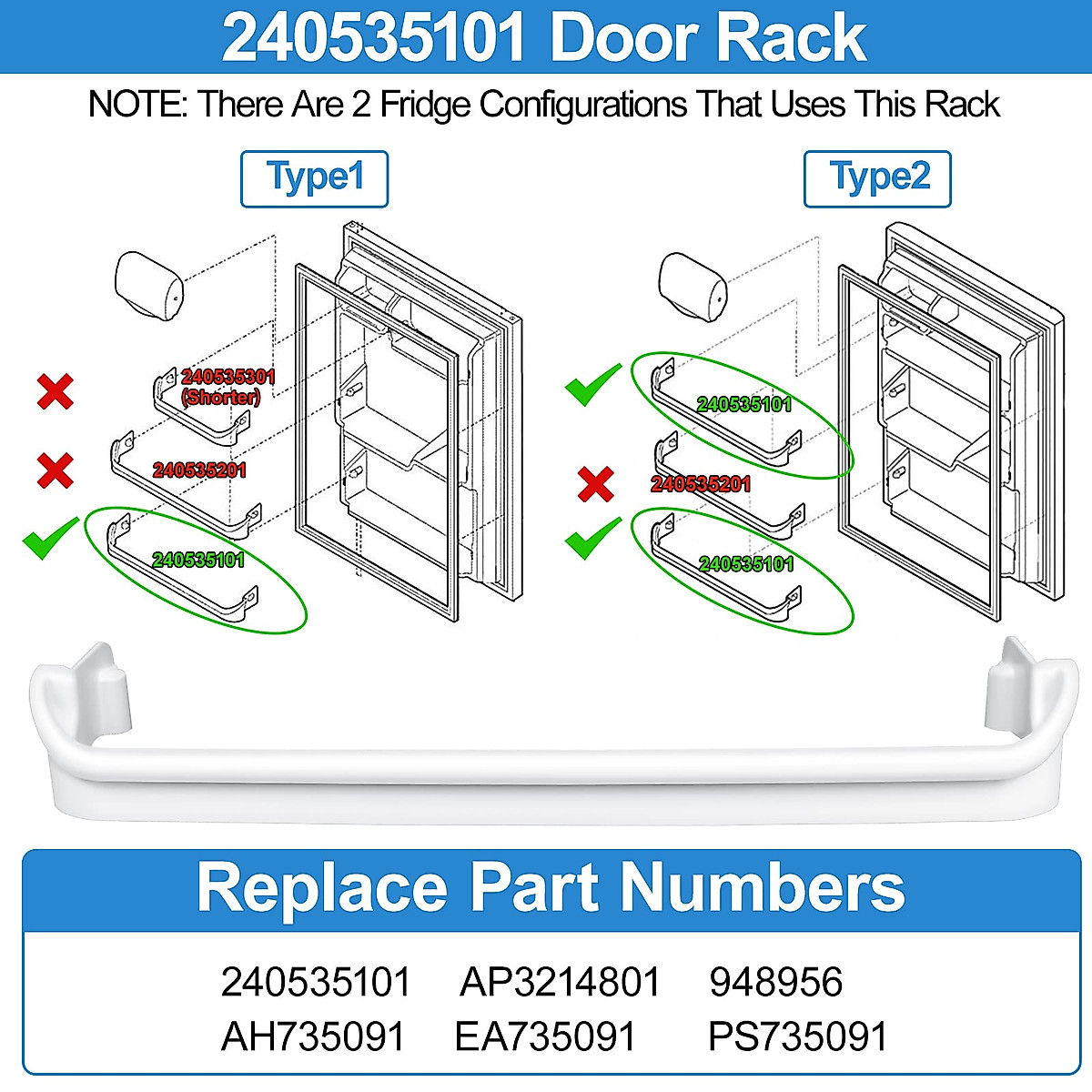 UPGRADED 240535101 Refrigerator Door Rack Replacement Retainer Bar Compatible with Frigidaire Kenmore Refrigerator Door Shelf Replacement Parts AP3214801, AH735091, FRT15HB3JW3, FFTR1513LW0 Door Rack