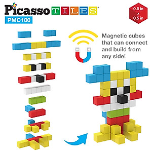 PicassoTiles Magnetic Puzzle Cube Characters + Mini + Black and White, 9pc with 18 Unique Characters Mix & Match Cubes Sensory Toys, 0.5” Pixel 100pcs, 1” 101pcs, Free Ideabook with 53 Ideas Age 3+