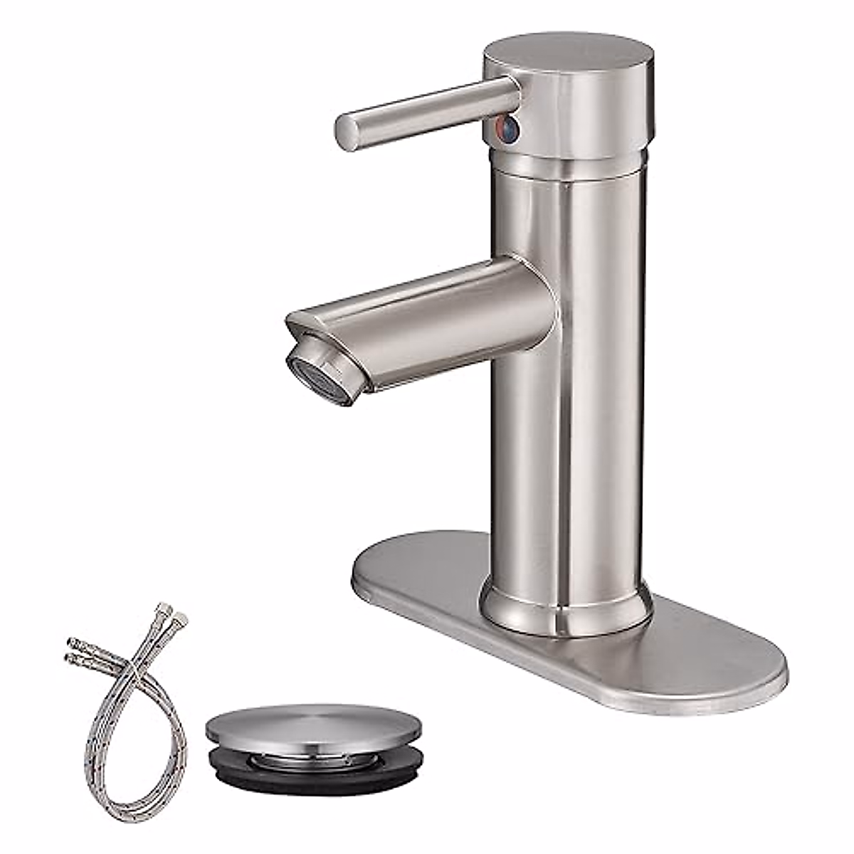 Greenspring Brushed Nickel Bathroom Faucet Single Hole Single Handle Aerator Spout Saving Water Lavatory Vanity Sink Faucet Matching Pop Up Drain with Overflow Mixer Tap Supply Line Lead-Free