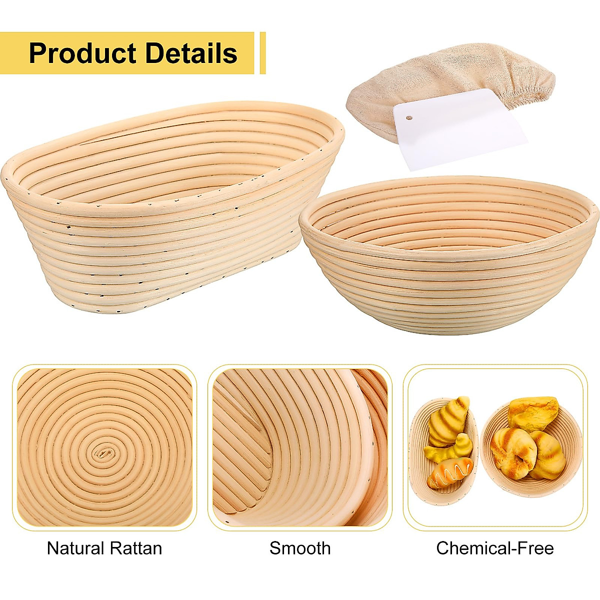 Geetery Set of 12 Proofing Basket, 10 Inch Round Oval Cane Bread Proofing Baskets with Sourdough Bread Baking Supplies, Making Kit for Dough Baking
