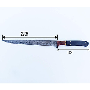 Nooraki F110N Handmade Damascus Steel Large Fillet Knife Hunting Fishing, Full Tang Wood & Horn Handle, 13.5 inch Sharp