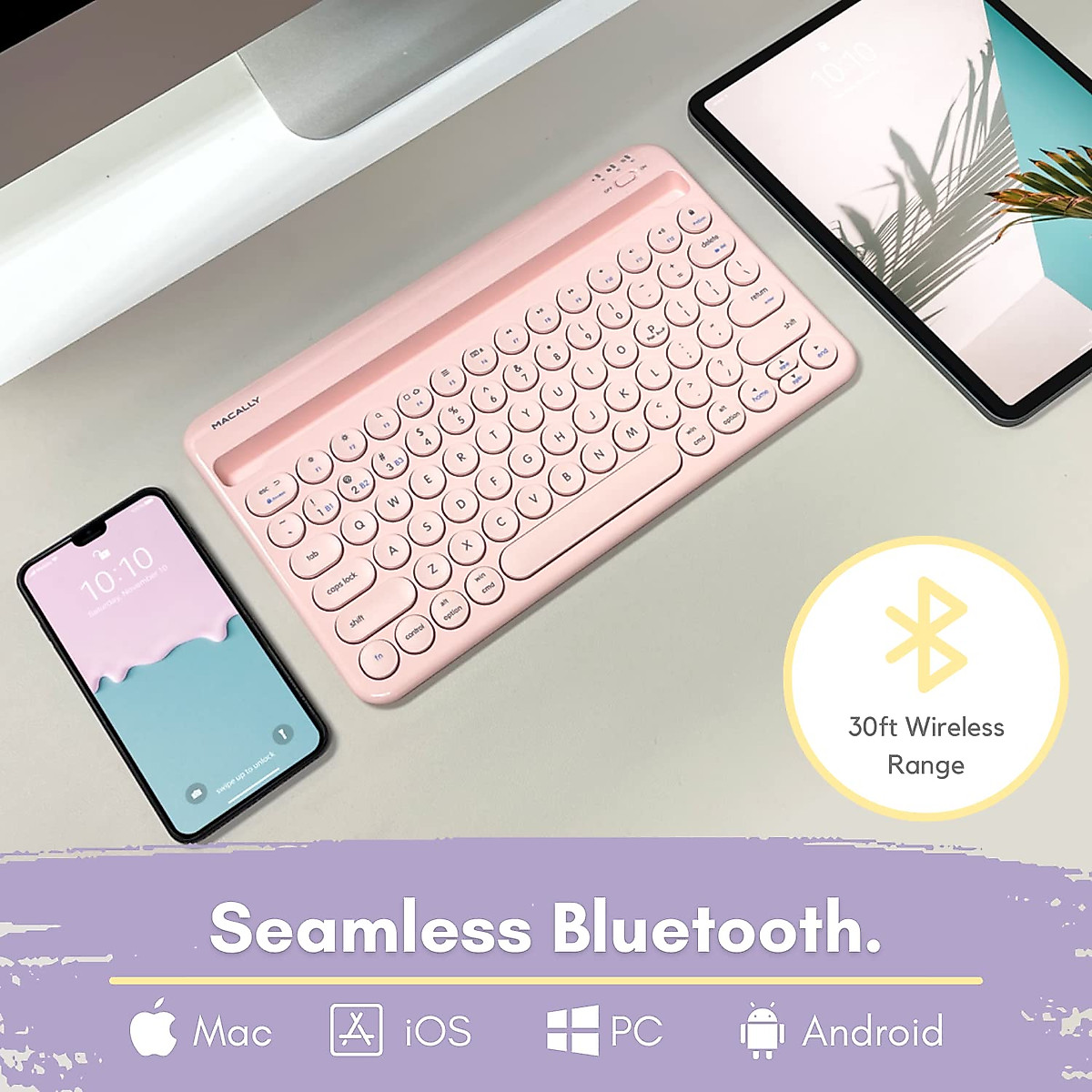 Macally Bluetooth Keyboard for Tablet | Wireless Keyboard for iPad | iPhone Keyboard (Multi-Device, Built-in Stand, Rechargeable) Easy to Use and Cute Portable Keyboard