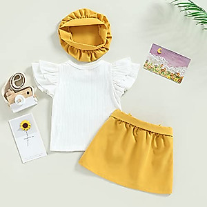 Bonangber Toddler Girl Skirt Outfit Baby Summer Short Sleeve Ribbed Ruffle Tops+Elastic Waist Mini Skirts+Hat 3pcs Baby Clothes (White, 4-5 Years)