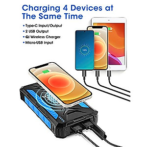 Solar Power Bank 36000mAh, Qi Wireless Charger, DJROLL Portable Solar Charger with Dual USB & Type-C Port 5V/3A Output, IP66 Waterproof Powerbank, Flashlights Cell Phone Charger for Camping Outdoor