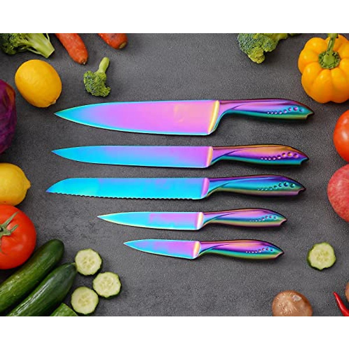 WELLSTAR Kitchen Knife Set 5 Piece, Razor Sharp German Stainless Steel Blade and Comfortable Handle with Rainbow Titanium Coated, Chef Carving Bread Utility Paring for Cutting and Peeling, Gift Box