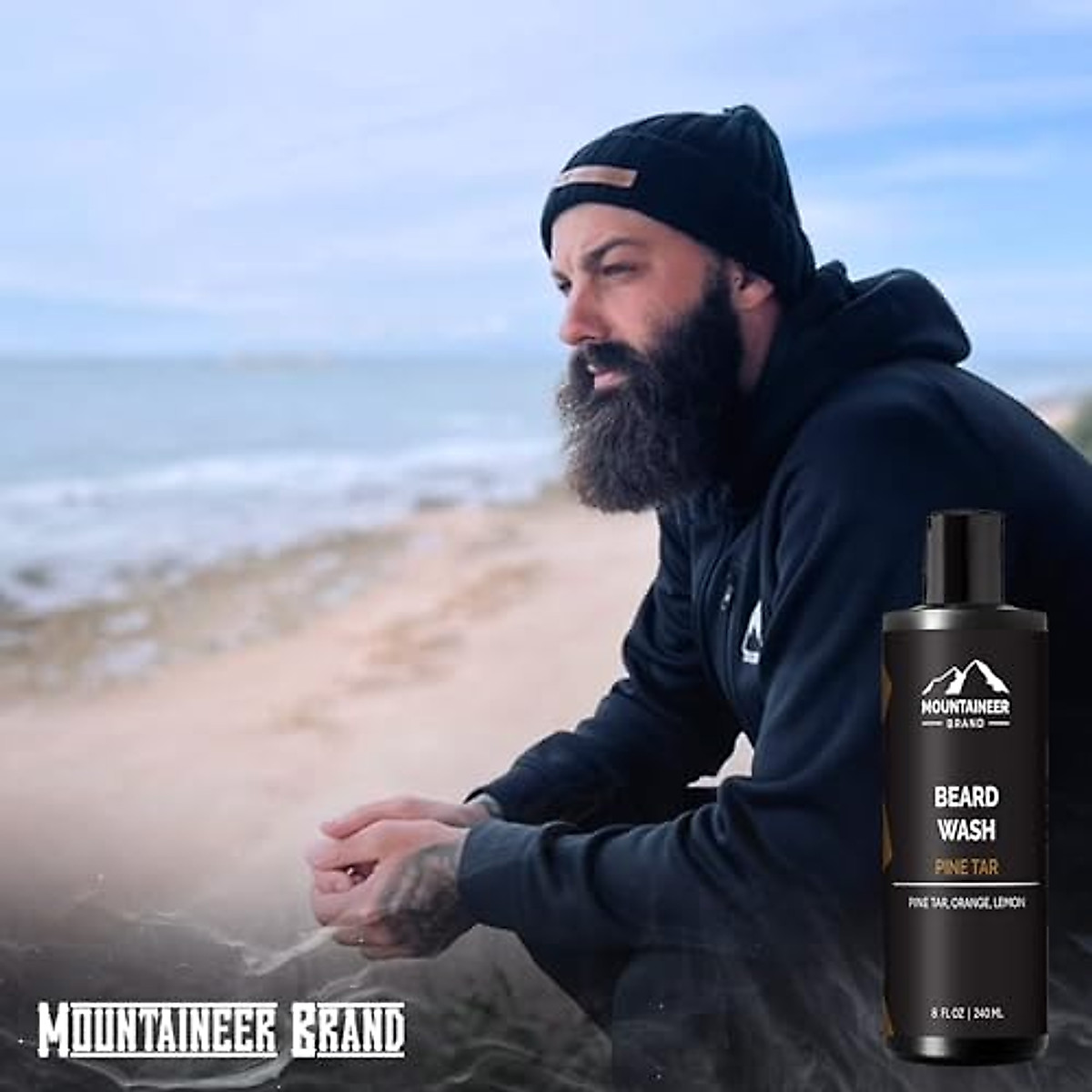 Mountaineer Brand Beard Wash For Men | 100% Natural Beard Shampoo | Thick Cleaning Softening Lather for Hair and Skin | Hydrate and Detangle | Grooming Treatment | WV Pine Tar Scent 8oz