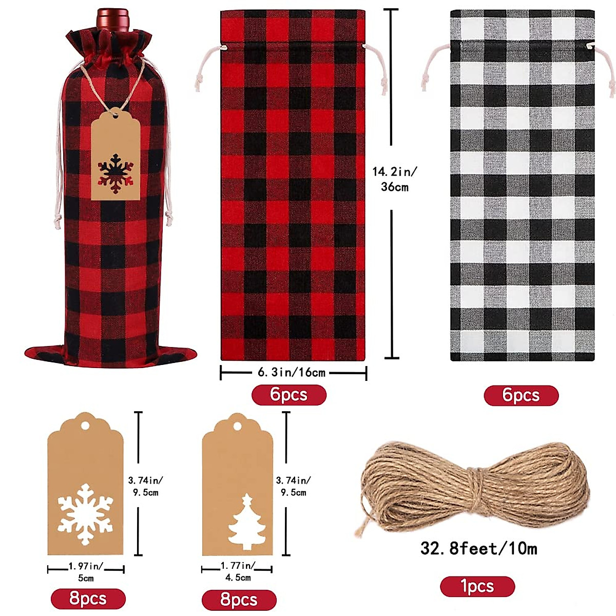 DULEFUN 12pcs Christmas Wine Bags, Christmas Wine Burlap Bags Buffalo Plaid Wine Bags Reusable Xmas Wine Bottle Clothes Covers for Christmas Wedding New Year Holiday Party Decor